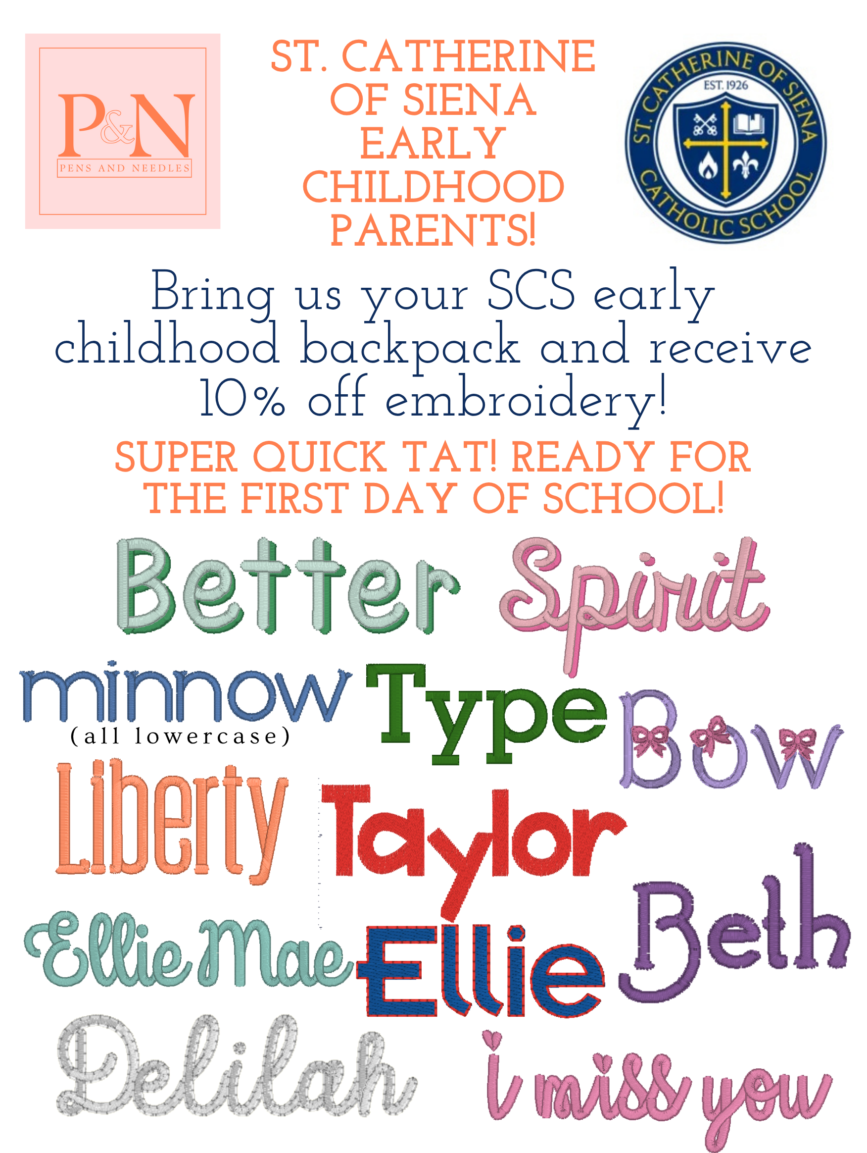 SCS Early Childhood Backpack Embroidery – Pens and Needles
